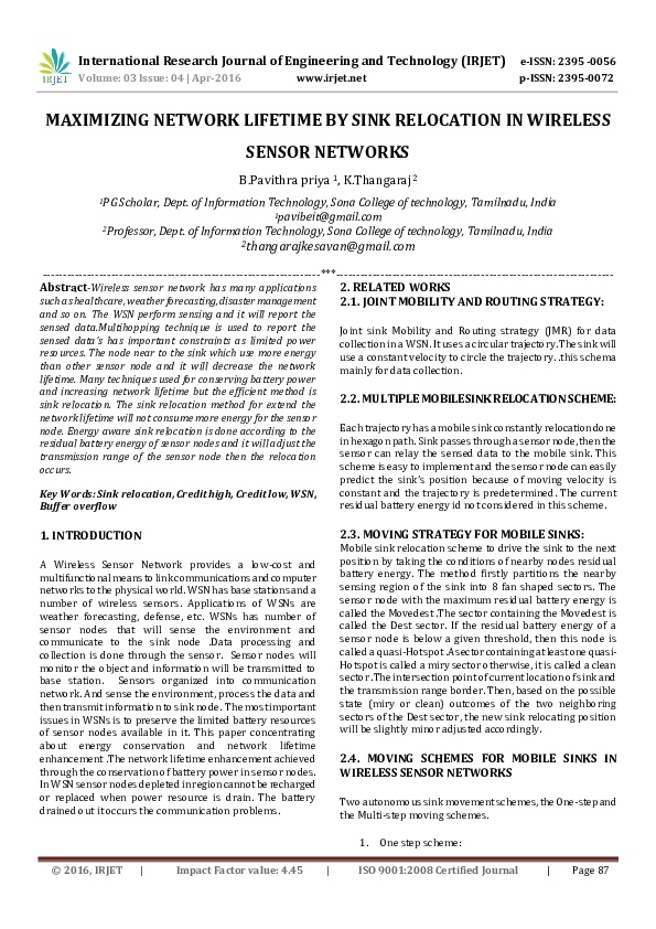 (PDF) MAXIMIZING NETWORK LIFETIME BY SINK RELOCATION IN WIRELESS SENSOR NETWORKS