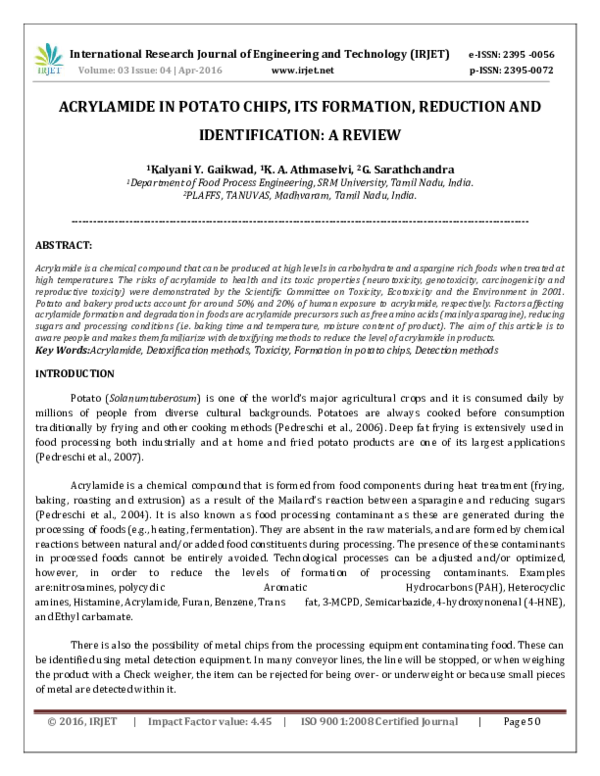 (PDF) ACRYLAMIDE IN POTATO CHIPS, ITS FORMATION, REDUCTION AND ...