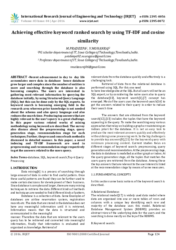 Pdf Keyword Search Using Tf Idf And Cosine Similarity