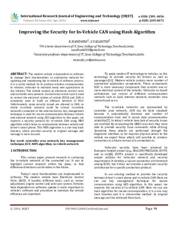 Pdf Improving The Security For In Vehicle Can Using Hash Algorithm