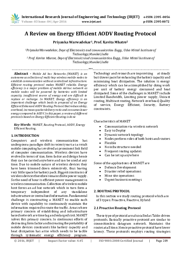 Pdf A Review On Energy Efficient Aodv Routing Protocol
