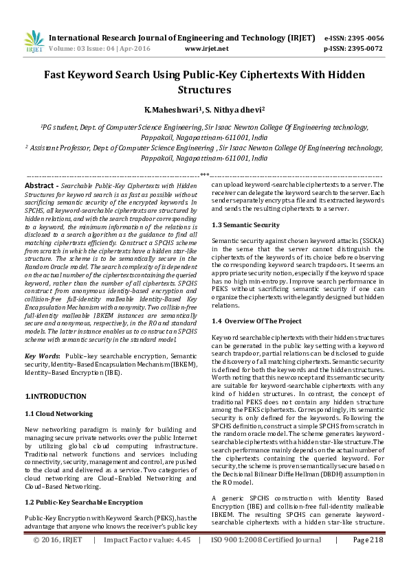 (PDF) Fast Keyword Search Using Public-Key Ciphertexts With Hidden Structures