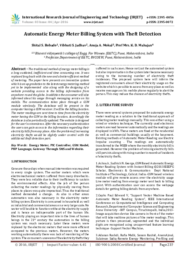 (PDF) Automatic Energy Meter Billing System with Theft Detection