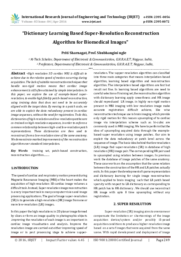 (PDF) " Dictionary Learning Based Super-Resolution Reconstruction Algorithm for Biomedical Images"