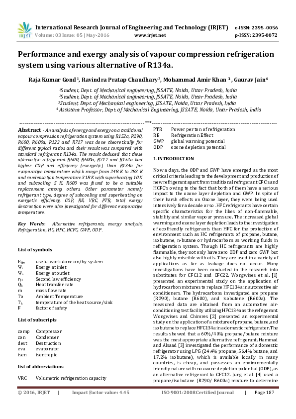 Pdf Performance And Exergy Analysis Of Vapour Compression Refrigeration System Using Various