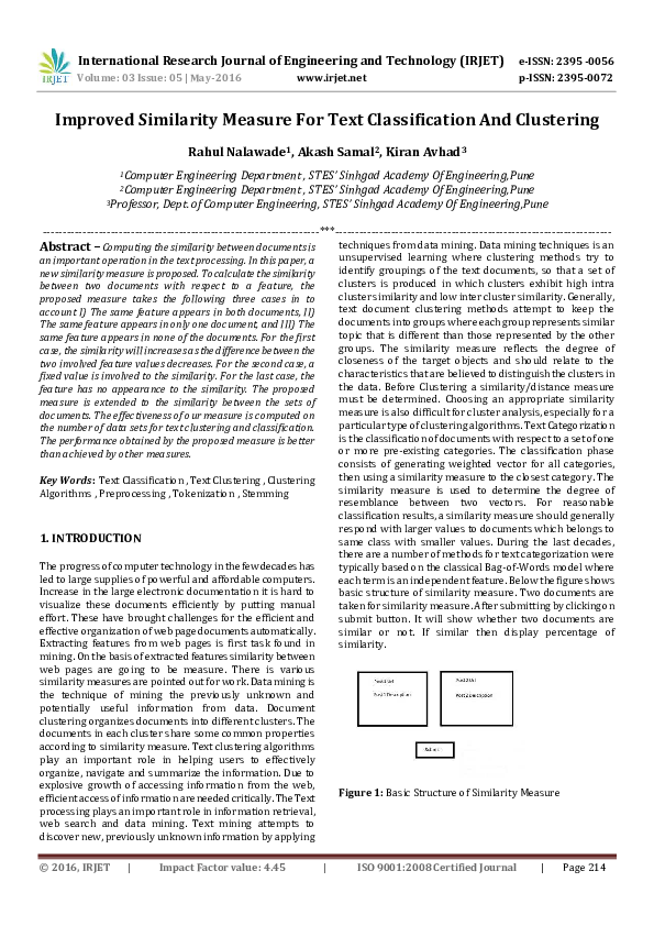 Pdf Improved Similarity Measure For Text Classification And Clustering