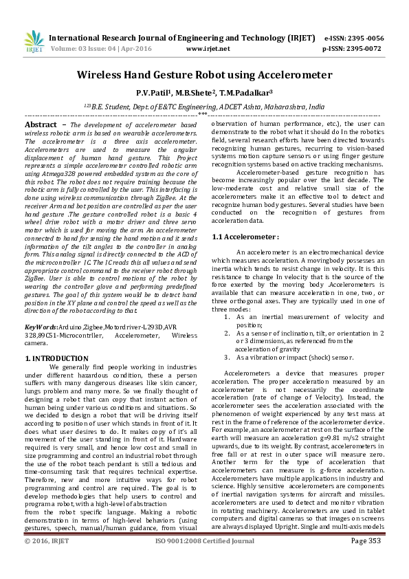 (PDF) Wireless Hand Gesture Robot using Accelerometer