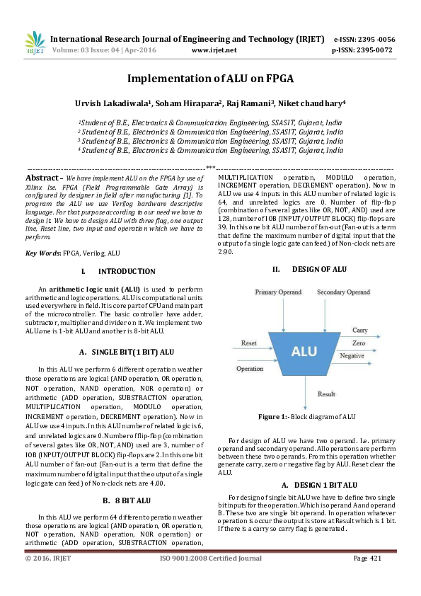 (PDF) Implementation of ALU on FPGA