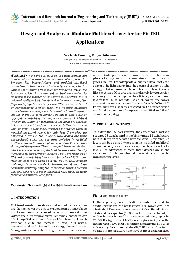 Pdf Design And Analysis Of Modular Multilevel Inverter For Pv Fed Applications