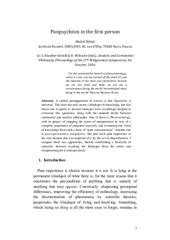 (PDF) PANPSYCHISM IN THE FIRST PERSON | Michel Bitbol - Academia.edu