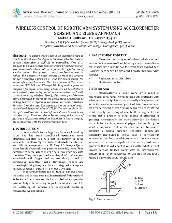 Pdf Wireless Control Of Robotic Arm System Using Acceloremeter Sensing And Zigbee Approach