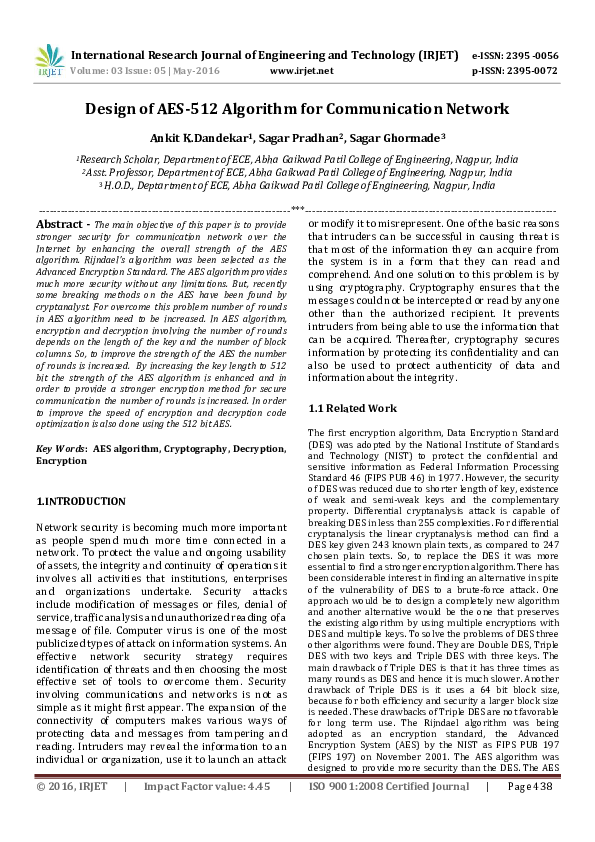 (PDF) Design of AES-512 Algorithm for Communication Network
