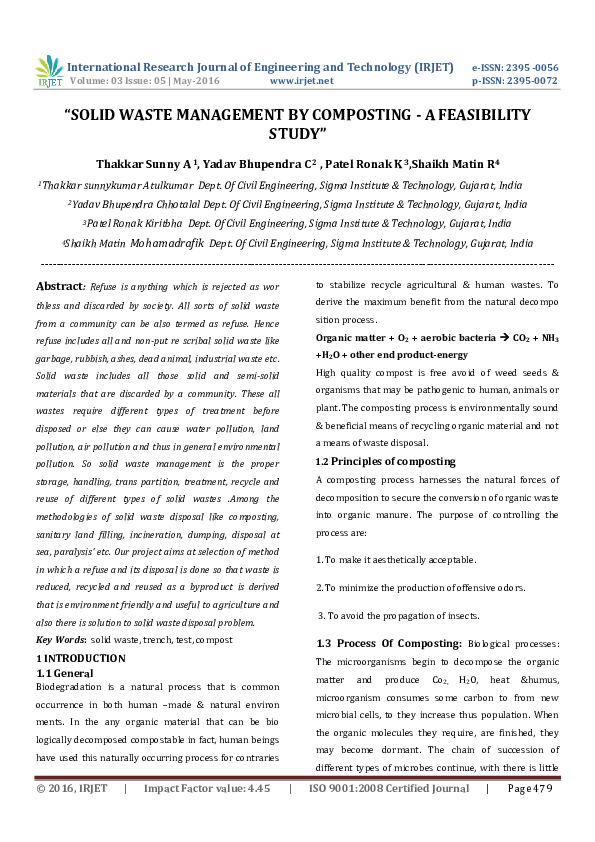 (PDF) " SOLID WASTE MANAGEMENT BY COMPOSTING -A FEASIBILITY STUDY