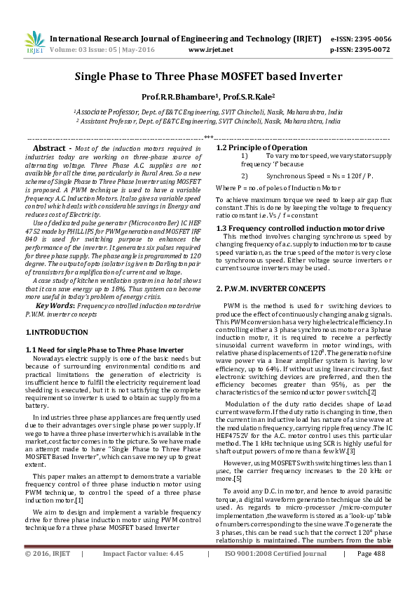 (PDF) Single Phase to Three Phase MOSFET based Inverter