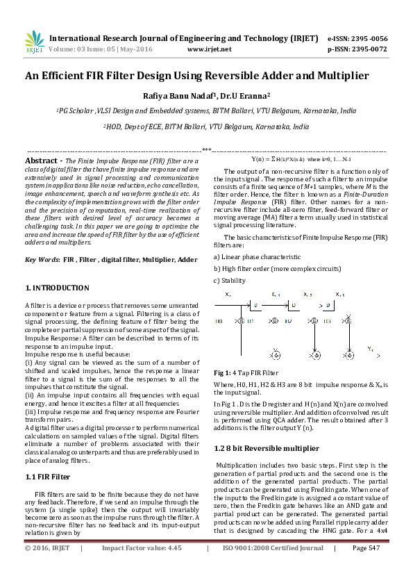Pdf An Efficient Fir Filter Design Using Reversible Adder And Multiplier