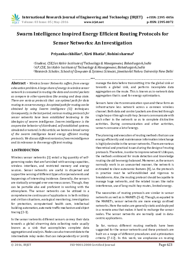 (PDF) Swarm Intelligence Inspired Energy Efficient Routing Protocols for Sensor Networks: An ...