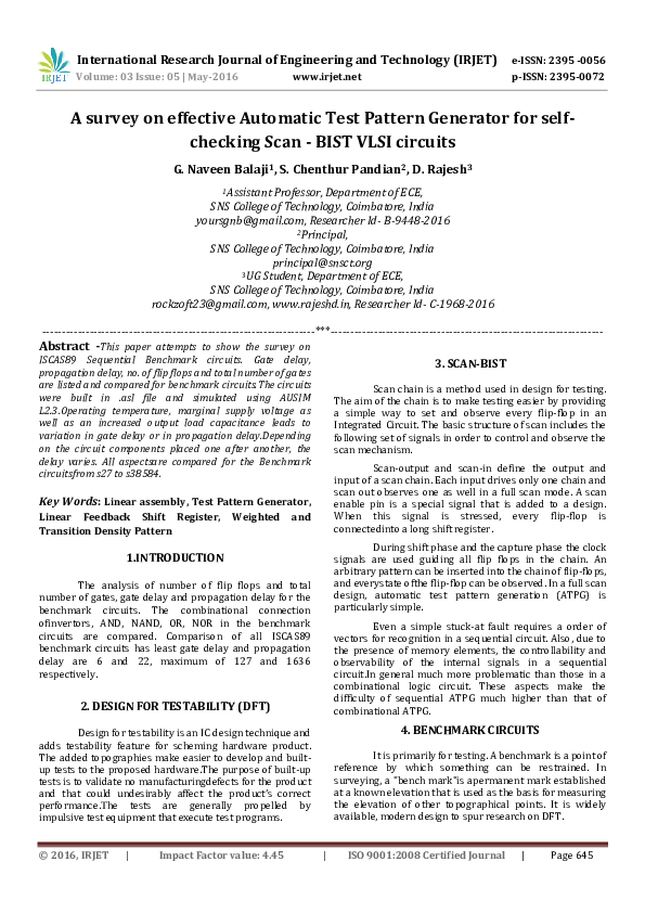 Pdf A Survey On Effective Automatic Test Pattern Generator For Self Checking Scan Bist Vlsi