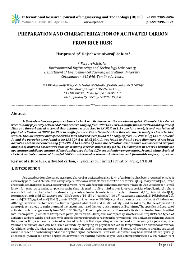 (PDF) PREPARATION AND CHARACTERIZATION OF ACTIVATED CARBON FROM RICE HUSK