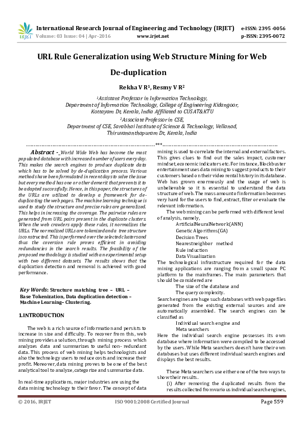 (PDF) URL Rule Generalization using Web Structure Mining for Web De-duplication | IRJET Journal ...