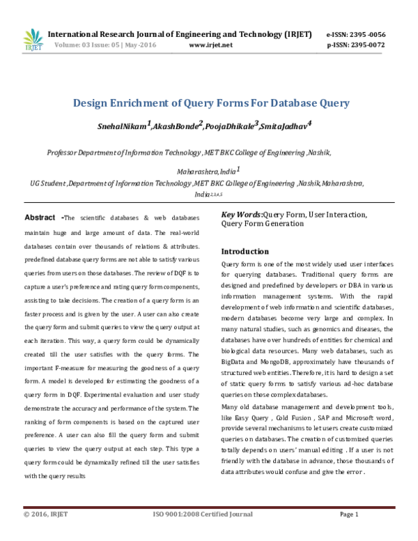 Pdf Design Enrichment Of Query Forms For Database Query