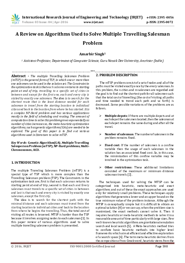 Pdf A Review On Algorithms Used To Solve Multiple Travelling Salesman Problem