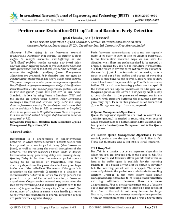 Pdf Performance Evaluation Of Droptail And Random Early Detection