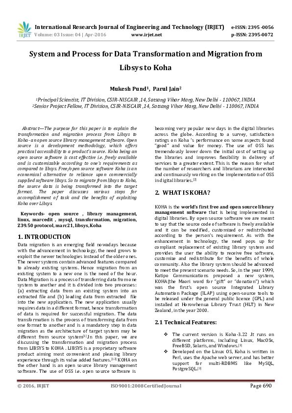 (PDF) System and Process for Data Transformation and Migration from Libsys to Koha