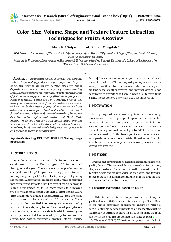 (PDF) Color, Size, Volume, Shape and Texture Feature Extraction Techniques for Fruits: A Review
