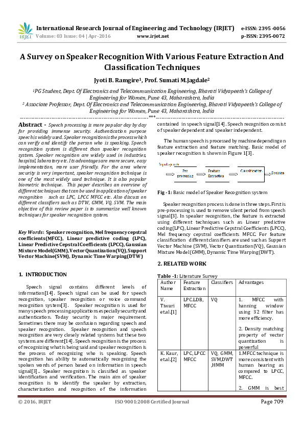 Pdf A Survey On Speaker Recognition With Various Feature Extraction