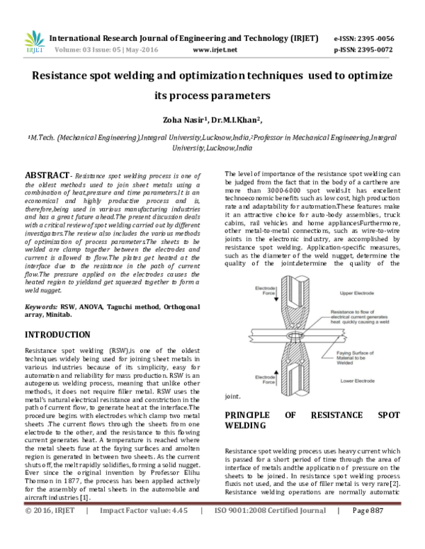 (PDF) Resistance spot welding and optimization techniques used to optimize its process parameters