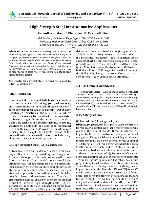 (PDF) High Strength Steel for Automotive Applications