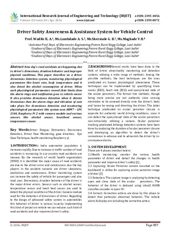 (PDF) Driver Safety Awareness & Assistance System for Vehicle Control