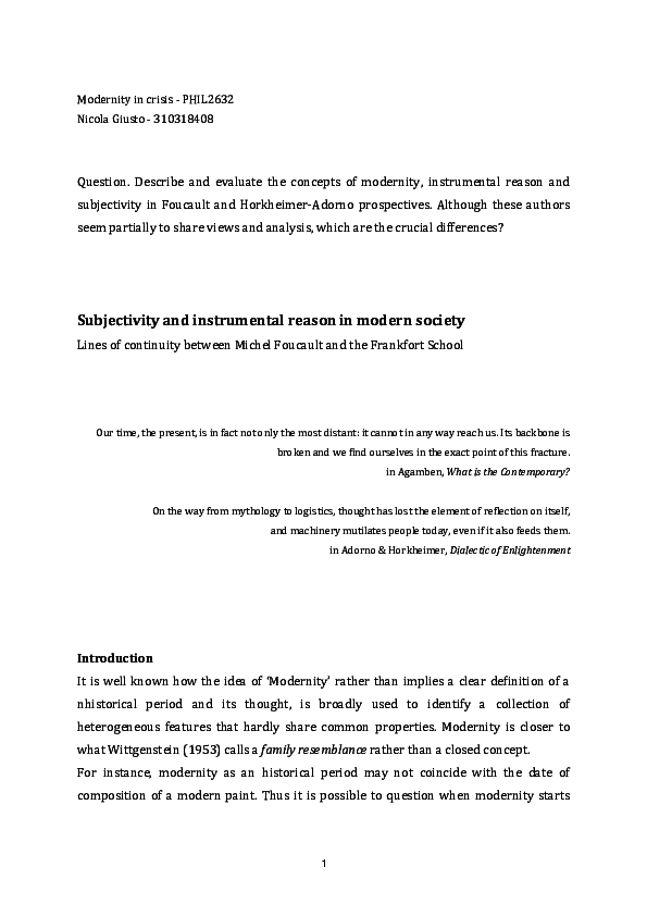 (PDF) Subjectivity and instrumental reason in modern society. Lines of ...