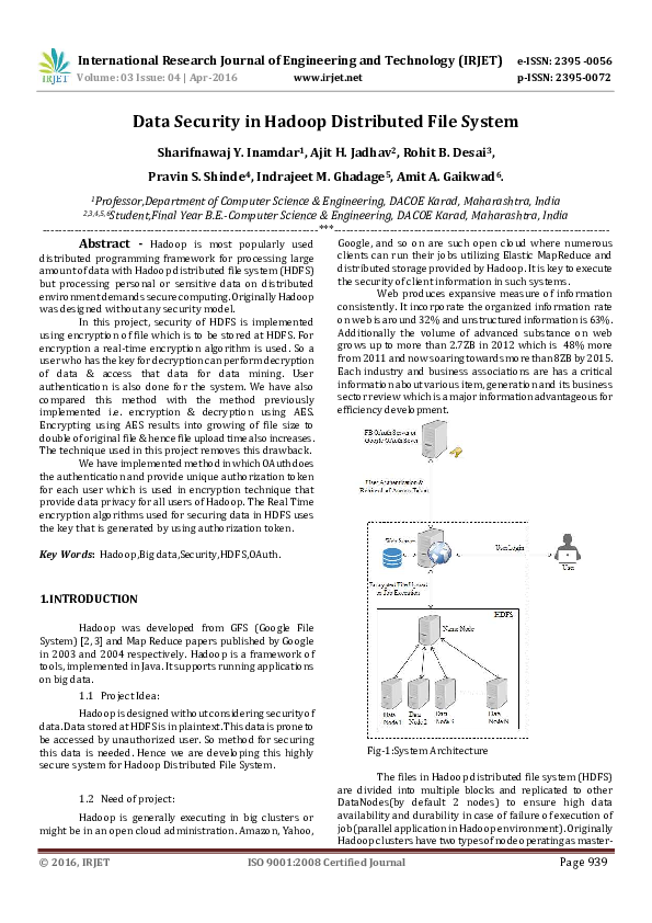 Pdf Data Security In Hadoop Distributed File System Irjet Journal