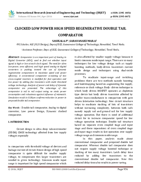 Pdf Clocked Low Power High Speed Regenerative Double Tail Comparator