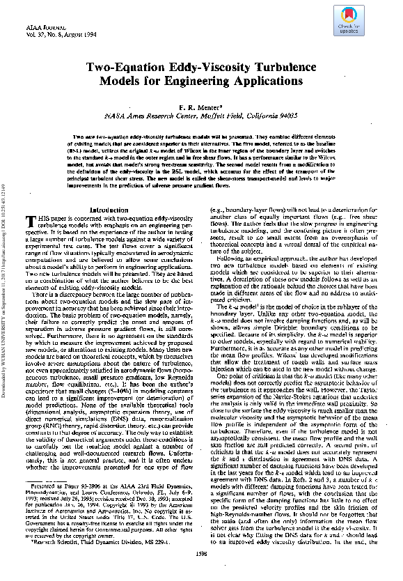(PDF) Two-Equation Eddy-Viscosity Turbulence Models for Engineering Applications