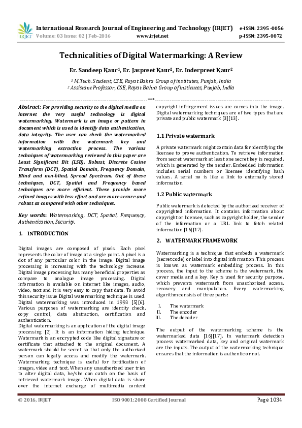 (PDF) Technicalities of Digital Watermarking: A Review