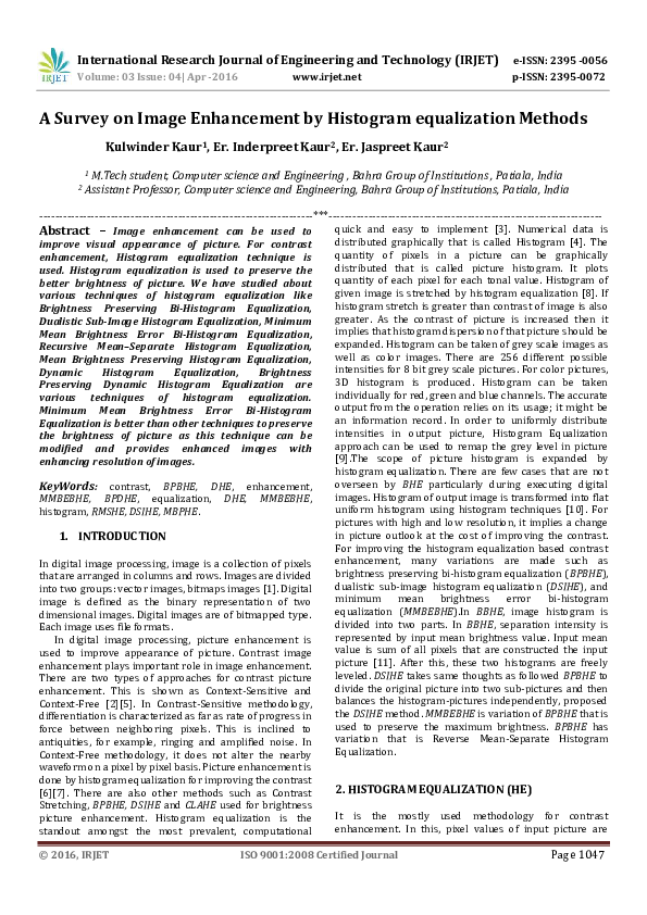 Pdf A Survey On Image Enhancement By Histogram Equalization Methods