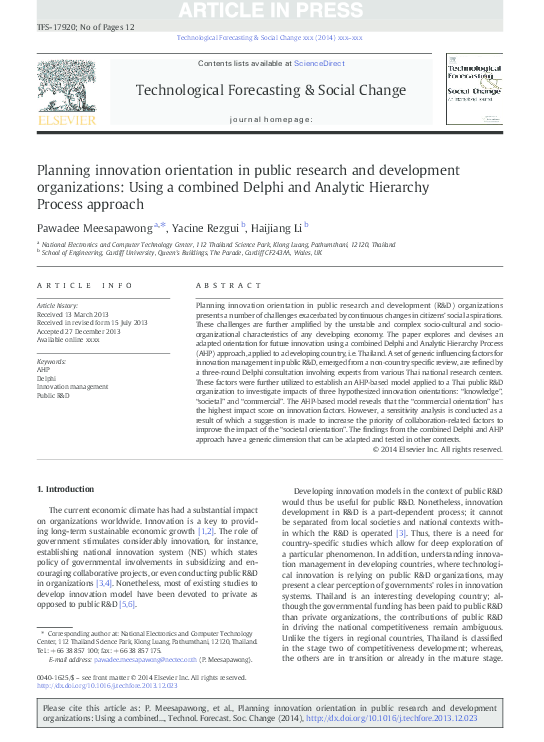 (PDF) Planning innovation orientation in public research and development organizations: Using a ...