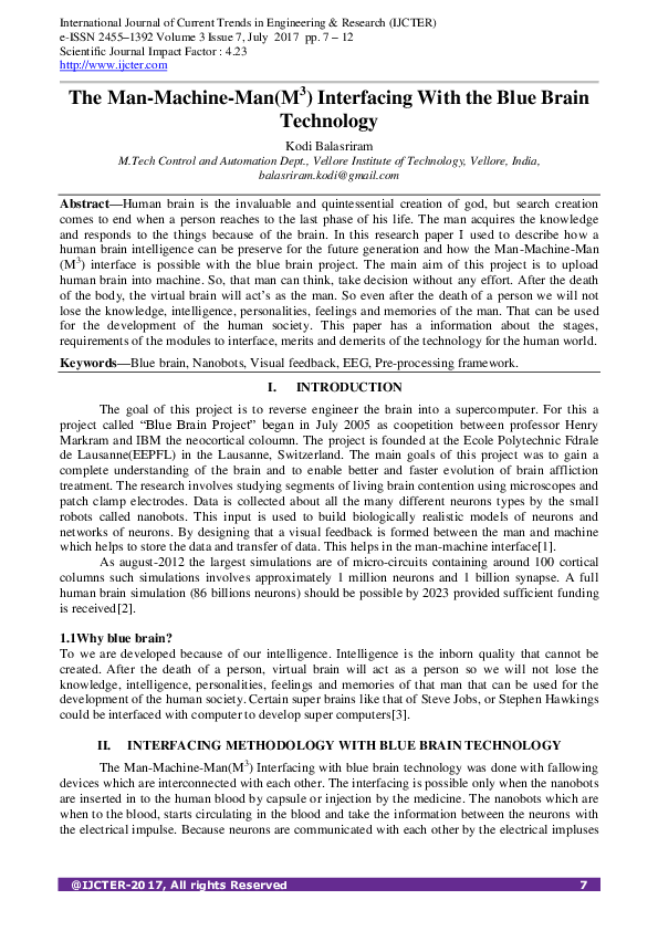 (PDF) The Man-Machine-Man(M 3 ) Interfacing With the Blue Brain Technology