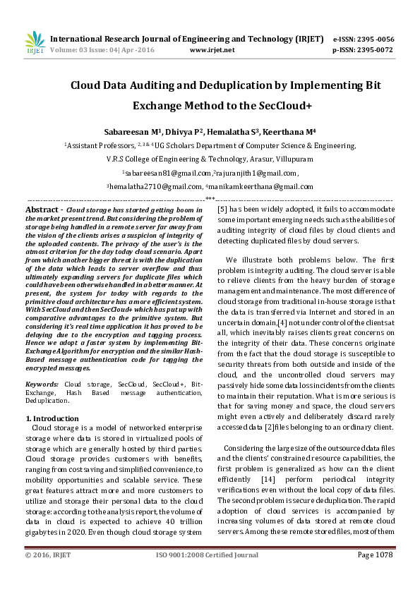(PDF) Cloud Data Auditing and Deduplication by Implementing Bit Exchange Method to the SecCloud