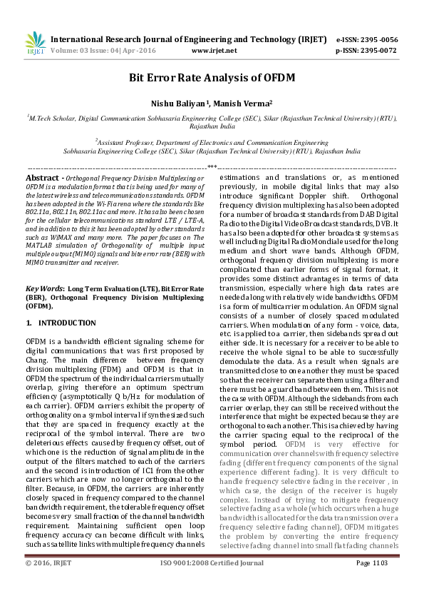 Pdf Bit Error Rate Analysis Of Ofdm