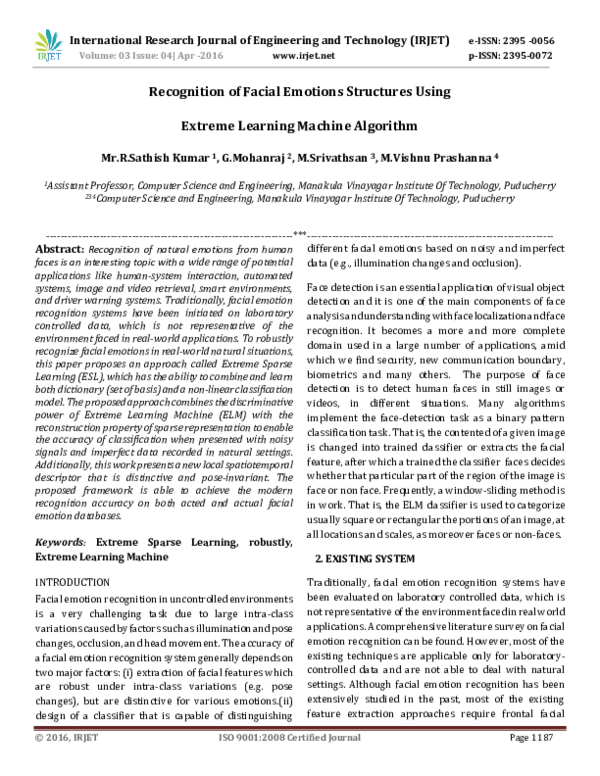 Pdf Recognition Of Facial Emotions Structures Using Extreme Learning Machine Algorithm