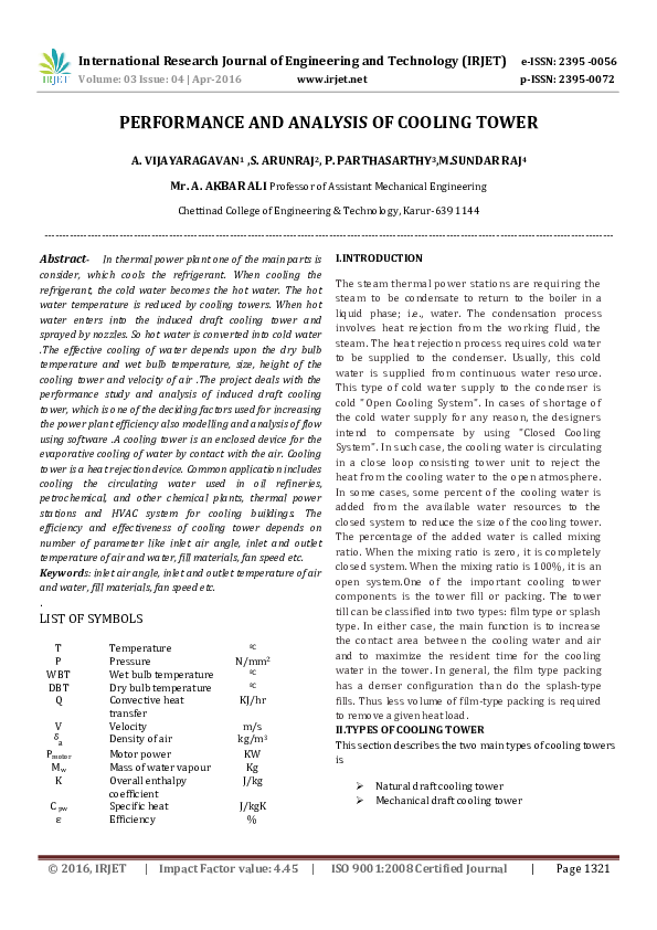 (PDF) PERFORMANCE AND ANALYSIS OF COOLING TOWER