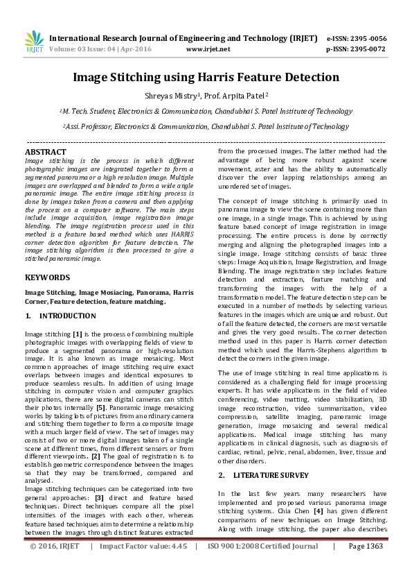 (PDF) Image Stitching using Harris Feature Detection