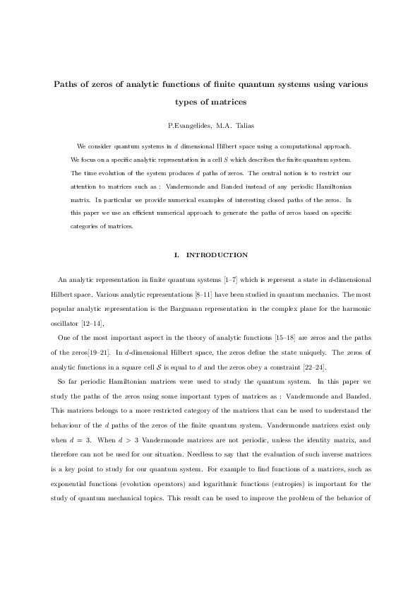 Pdf Paths Of Zeros Of Analytic Functions Of ﬁnite Quantum Systems