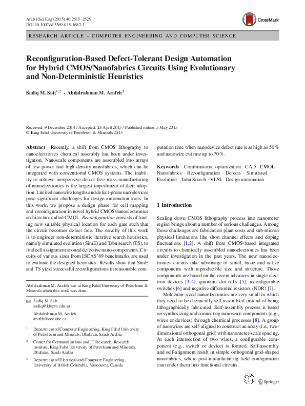 (PDF) Reconfiguration-Based Defect-Tolerant Design Automation for Hybrid CMOS/Nanofabrics ...