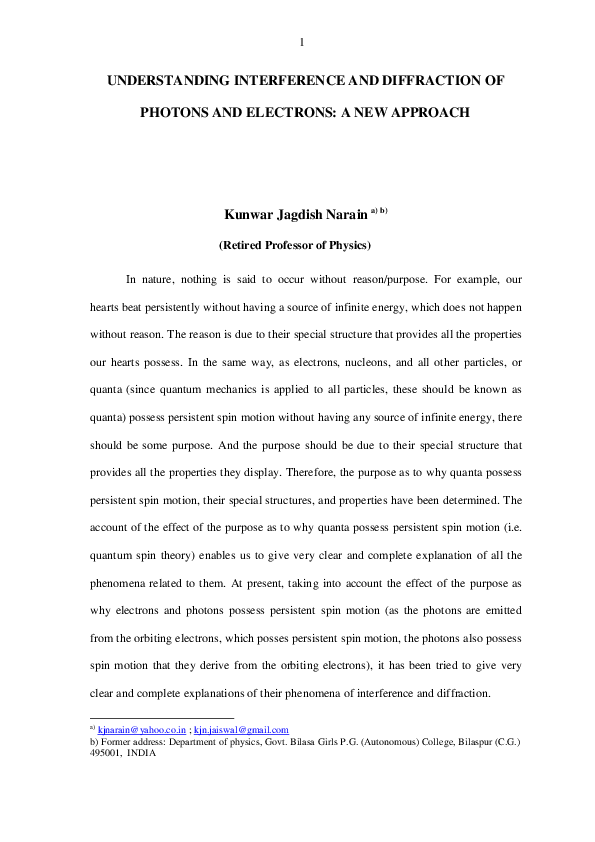 (PDF) UNDERSTANDING INTERFERENCE AND DIFFRACTION OF PHOTONS AND ELECTRONS: A NEW APPROACH