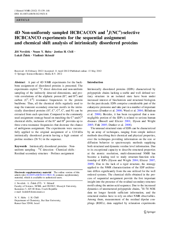 (PDF) 4D Non-uniformly sampled HCBCACON and 1 J(NCα)-selective HCBCANCO experiments for the ...