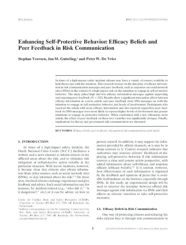 (PDF) Enhancing Self-Protective Behavior: Efficacy Beliefs and Peer ...